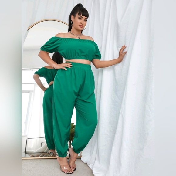 SHEIN | Other | Green 2 Piece Crop And Genie Pants Set | Poshmark